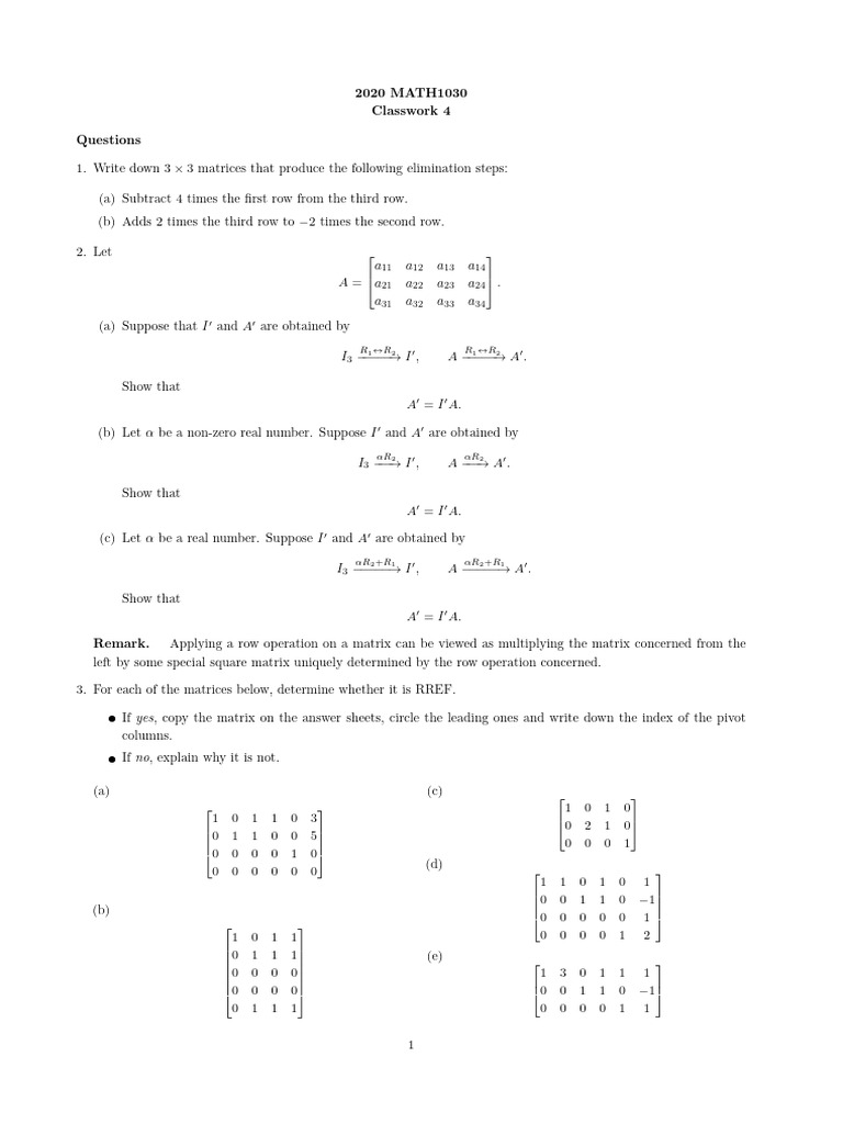 Matrix Operations and RREF Analysis | PDF | System Of Linear Equations ...