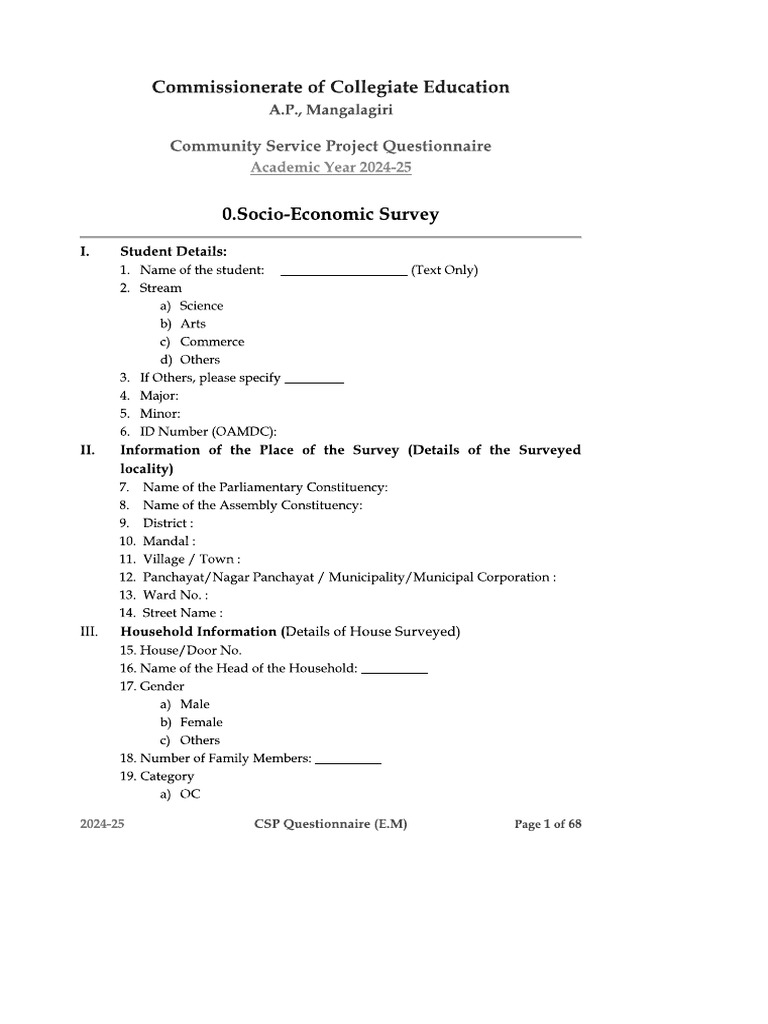 Socio Economic Survey Form | PDF