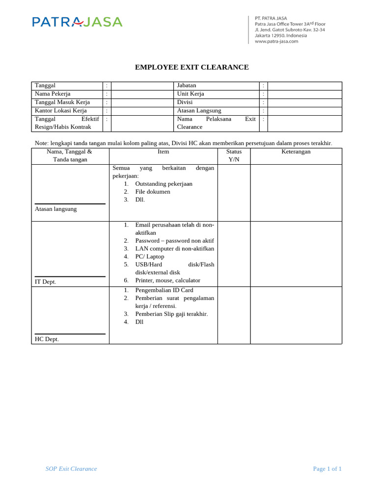 Formulir Exit Clearance Karyawan | PDF