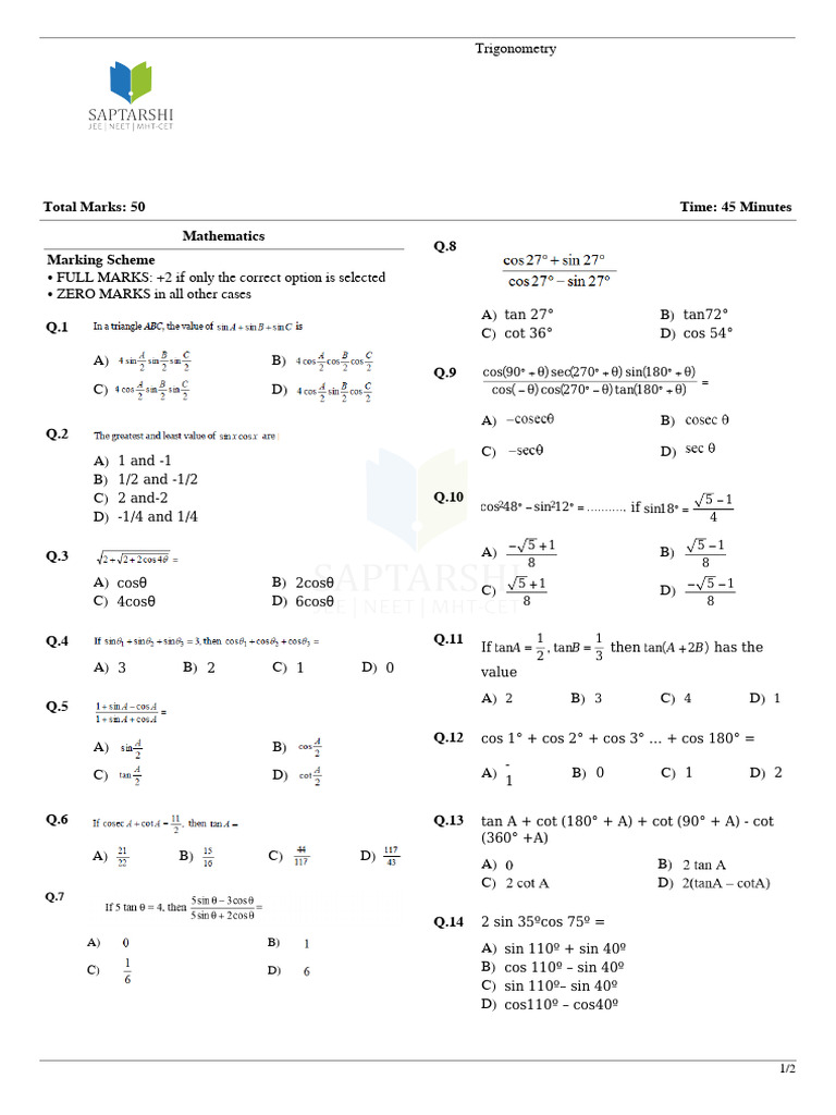 QP - 11th Maths Test Trigonometry (19th July 2025) | PDF | Trigonometry ...