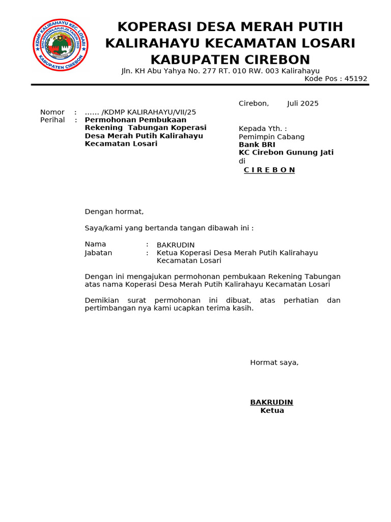 Surat Permohonan Buka Rekening Koperasi Merah Putih | PDF