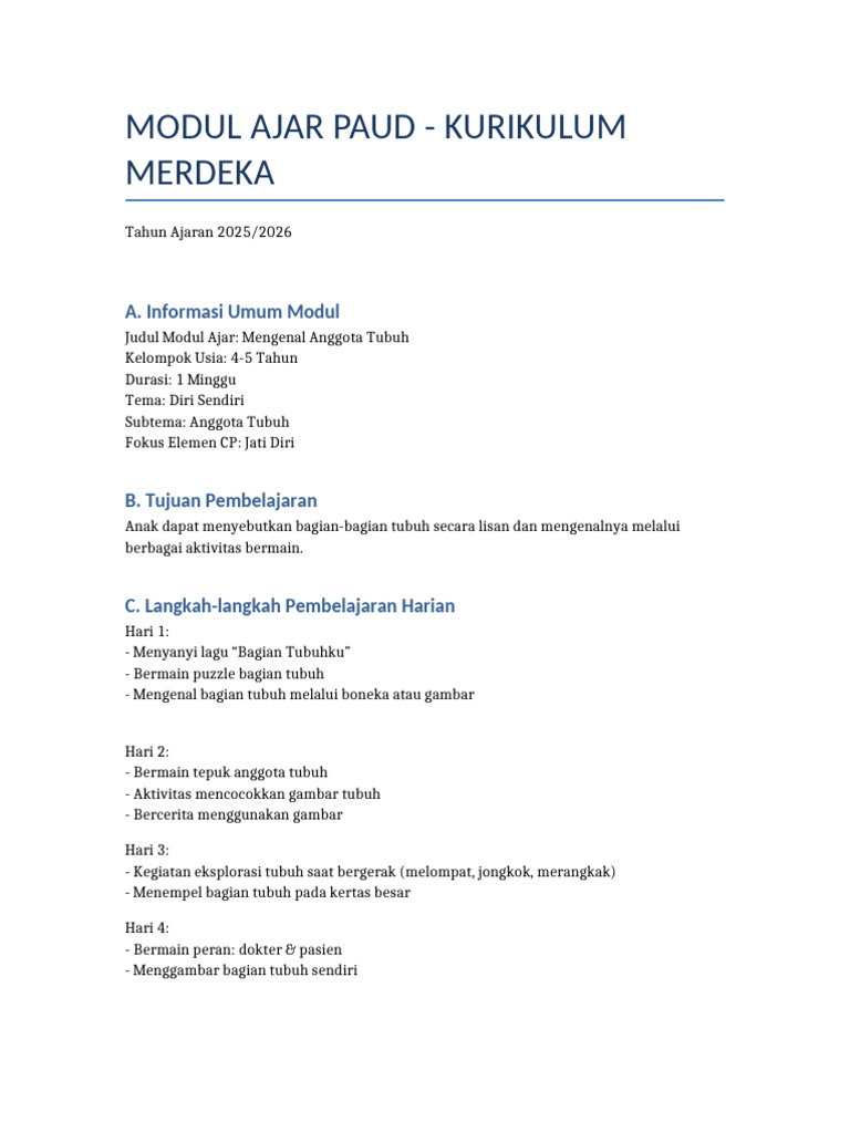 Modul Ajar PAUD: Anggota Tubuh | PDF
