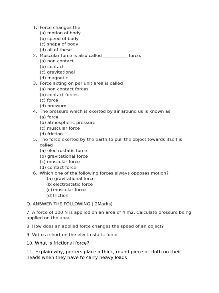 8th Force and Pressure Subjective | PDF