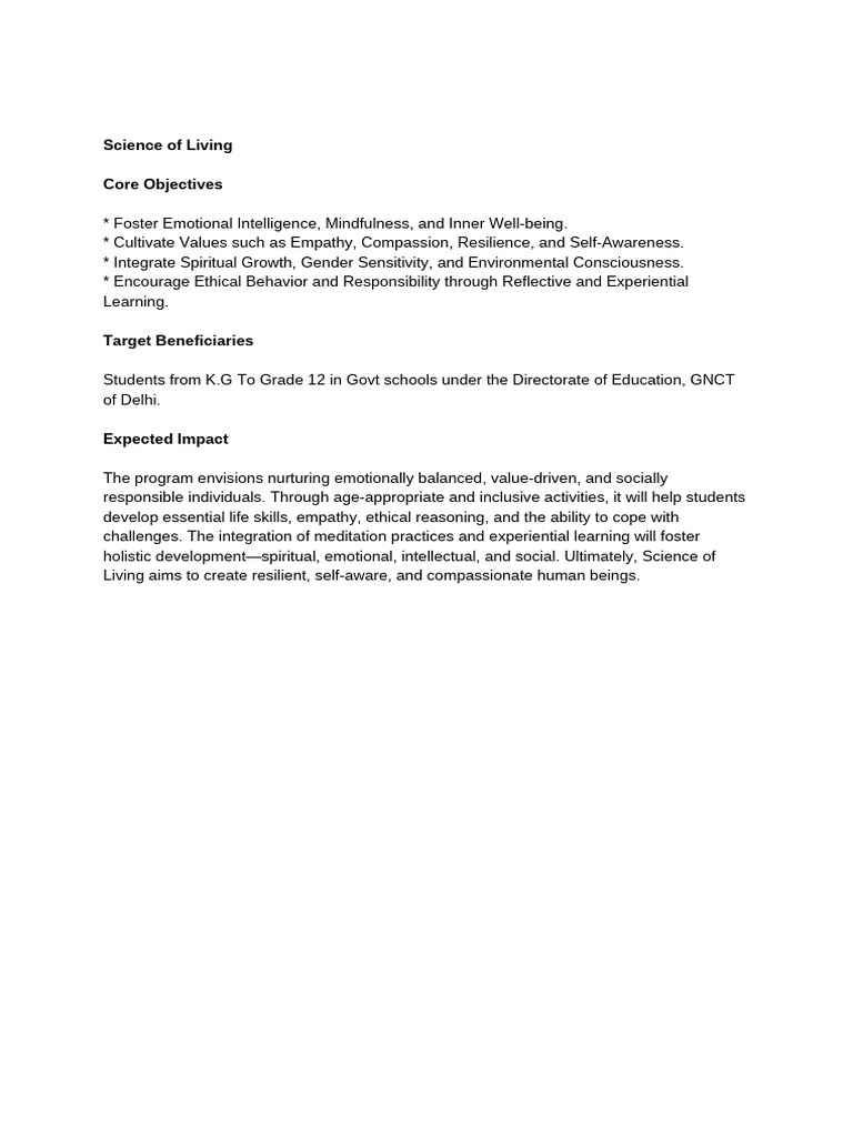 Science of Living Curriculum Overview | PDF