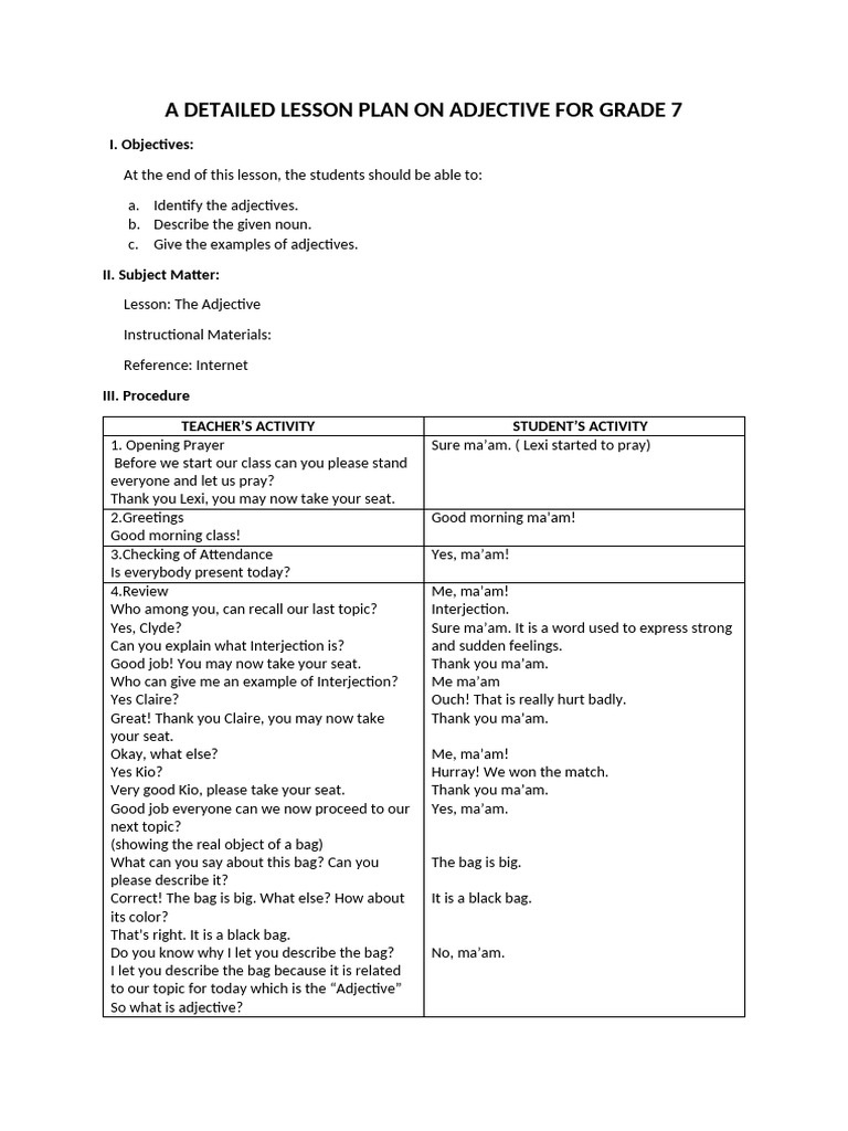 Grade 7 Adjectives Lesson Plan | PDF | Adjective | Noun