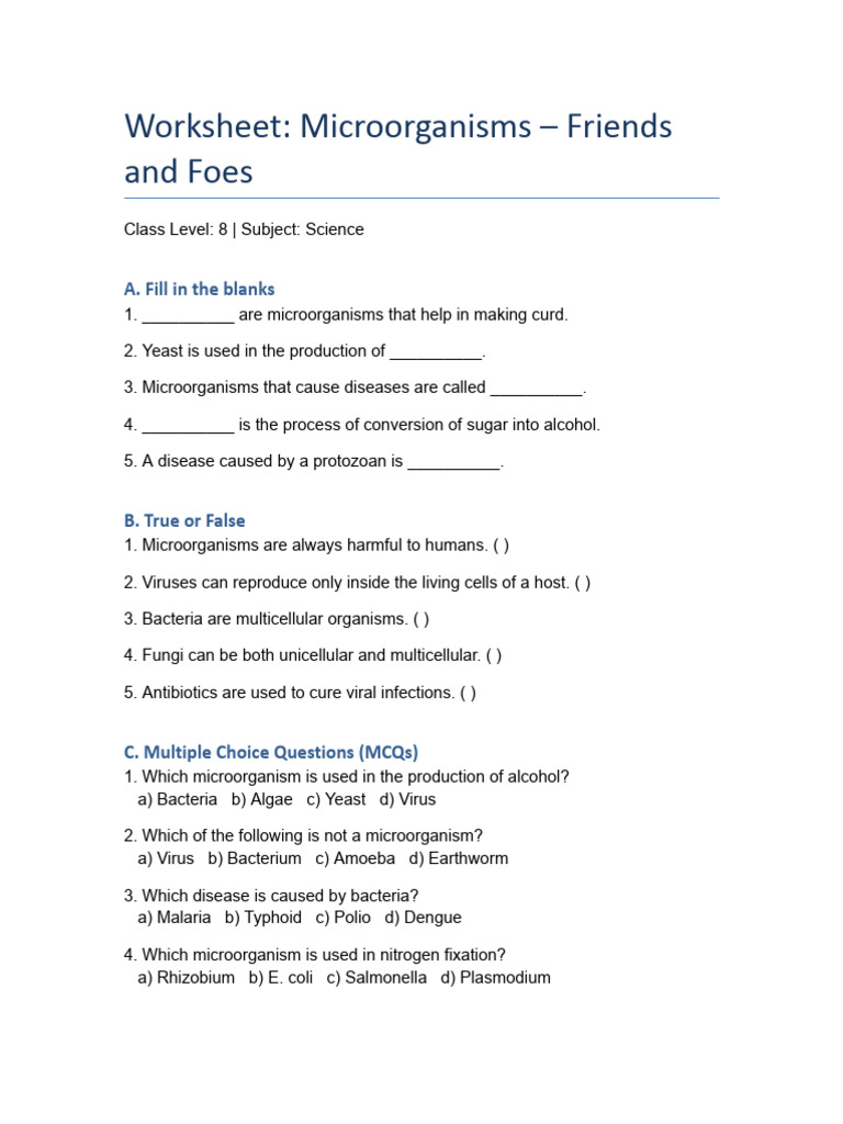 Microorganisms Friends and Foes Worksheet (2) | PDF