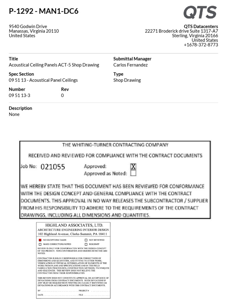 Acoustical Ceiling Panels ACT5 - QTS MAN1-DC6 Shop Drawing HA Review | PDF