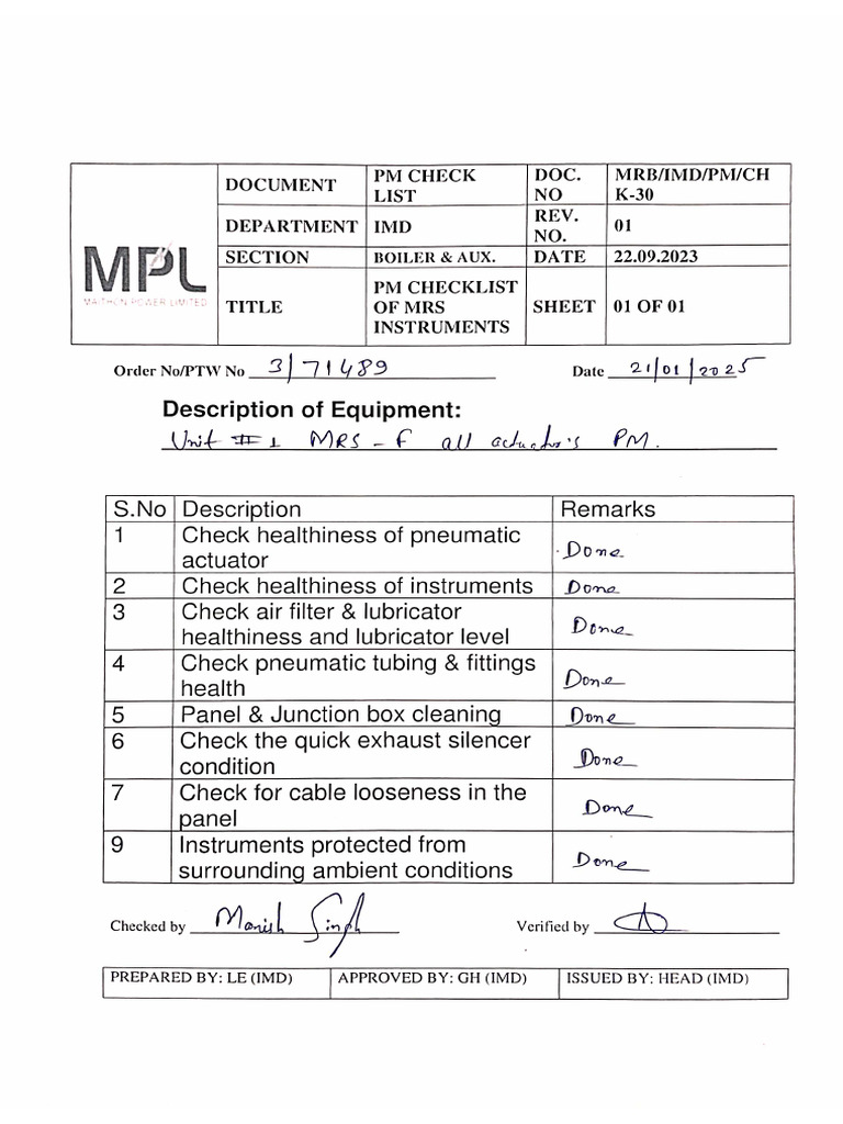 PM Check List of MRS Ins | PDF