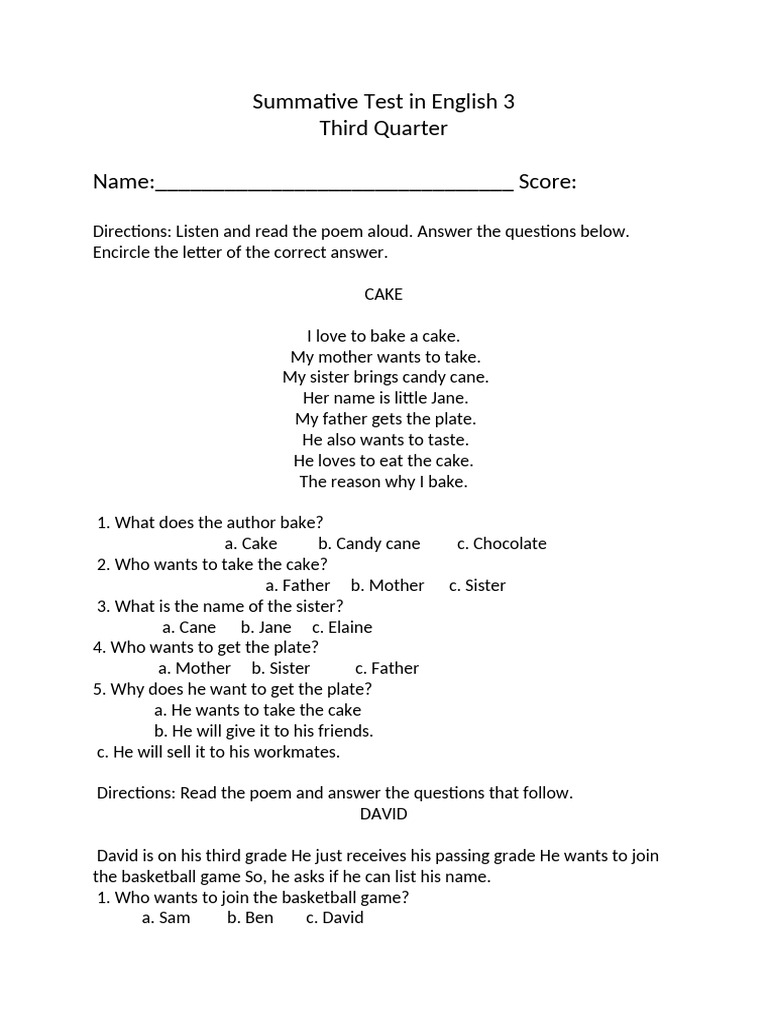 English 3 Summative Test: Poetry & Facts | PDF | Chess | Chess Theory