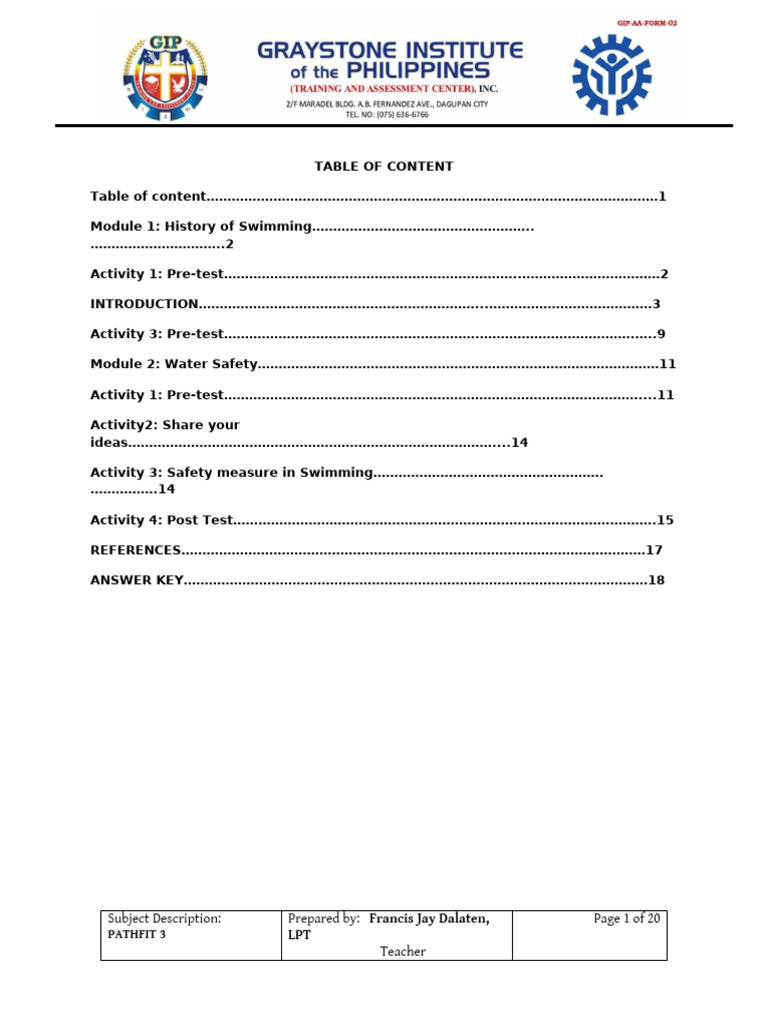 Pathfit 103 Swimming Prelim Module | PDF | Swimming (Sport) | Swimming