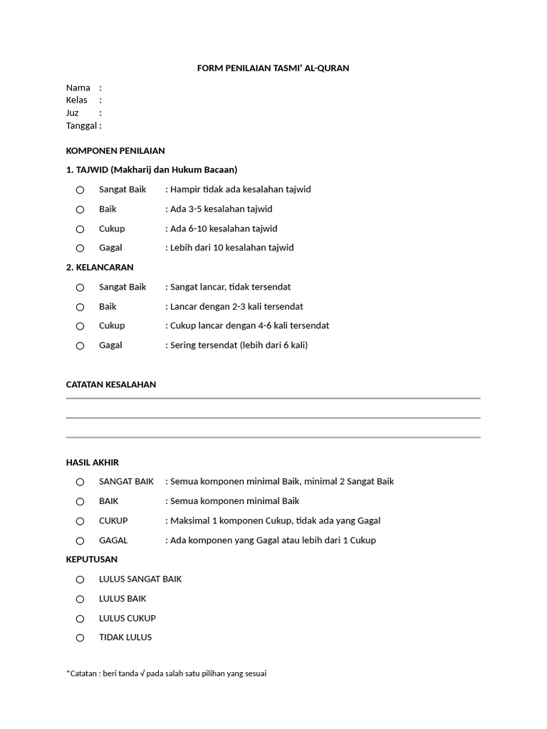 Format Penilaian Tasmi' Al-Quran | PDF