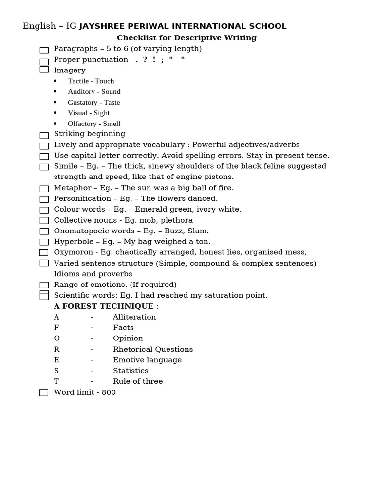 Descriptive Writing Checklist | PDF