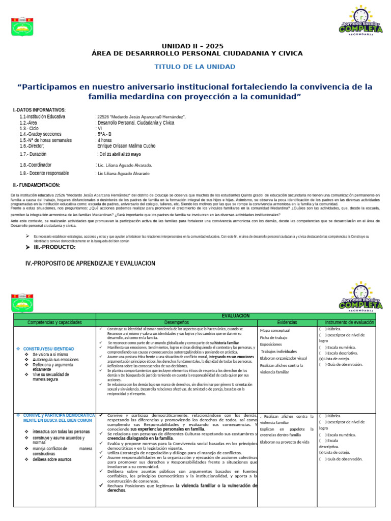 Quinto Grado Unidad 02 | PDF | Evaluación | Aprendizaje