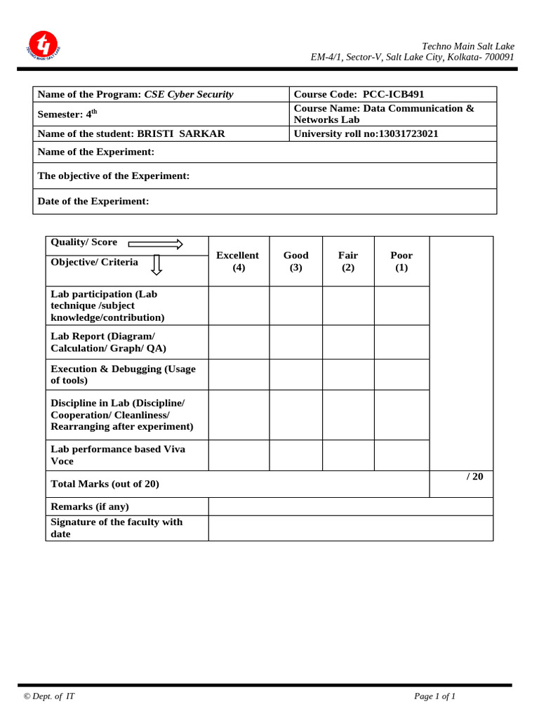 Rubrics To Be Pasted Before Every Experiment - PCC-ICB491 | PDF