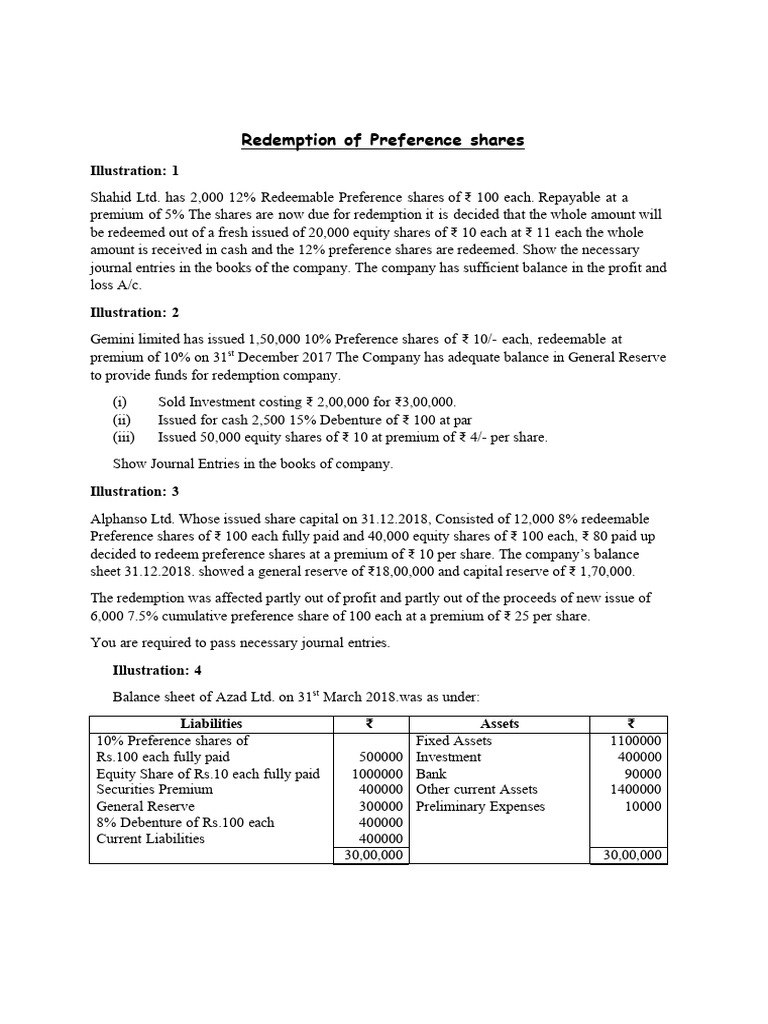 Redemption of Preference Shares Questions | PDF | Equity (Finance ...