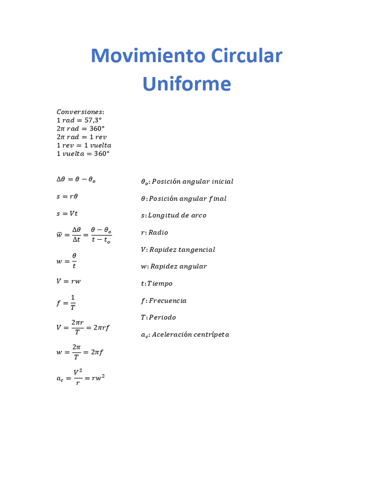 Formulas de Movimiento Circular Uniforme | PDF