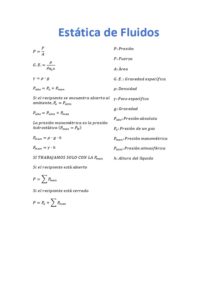 Formulario Estática de Fluidos | PDF