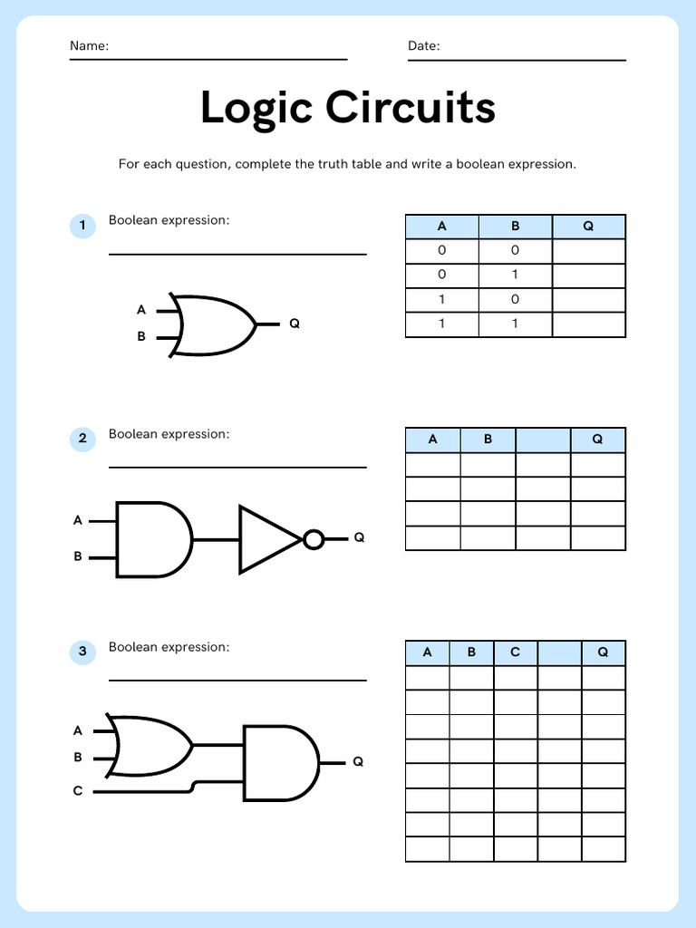 Logic Circuits Worksheet in Blue Clean Style | PDF | Boolean Algebra ...