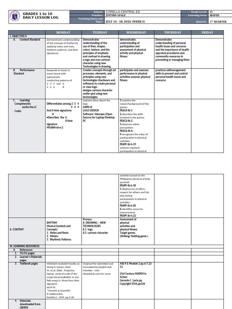 DLL - Mapeh 6 - Q1 - W5 | PDF | Rhythm | Learning