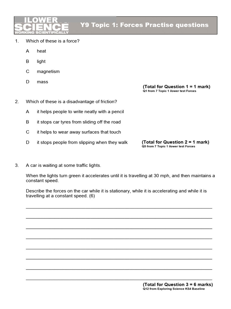 Forces Practice Questions for Year 9 | PDF | Force | Potential Energy