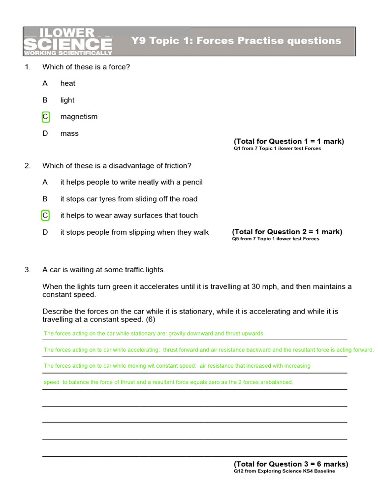 Year 9 Physics Topic 1 Practise Questions Force. Markscheme | PDF | Force | Potential Energy