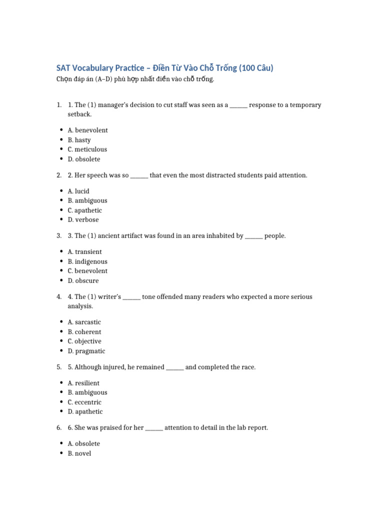 SAT Vocabulary Fill-in-the-Blank Exercises | PDF