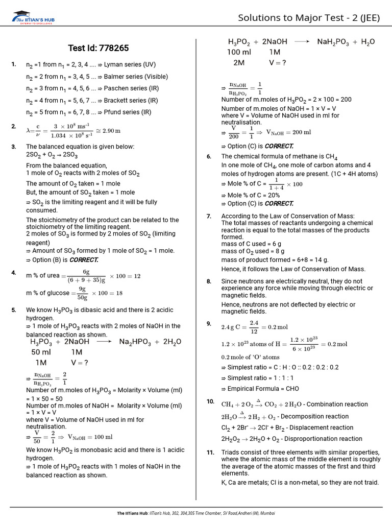 JEE Major Test 2 Solutions Overview | PDF | Stoichiometry | Mole (Unit)