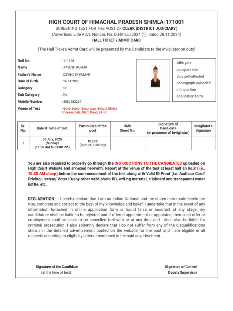 High Court Hall Ticket | PDF | Government