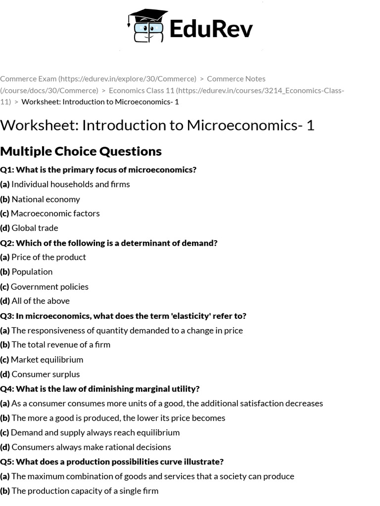 Worksheet - Introduction To Microeconomics - 1 - Economics Class 11 ...