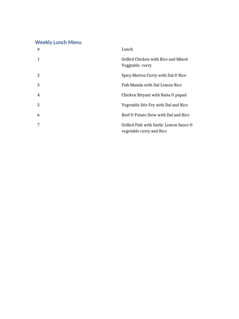 Weekly Lunch Menu Options | PDF
