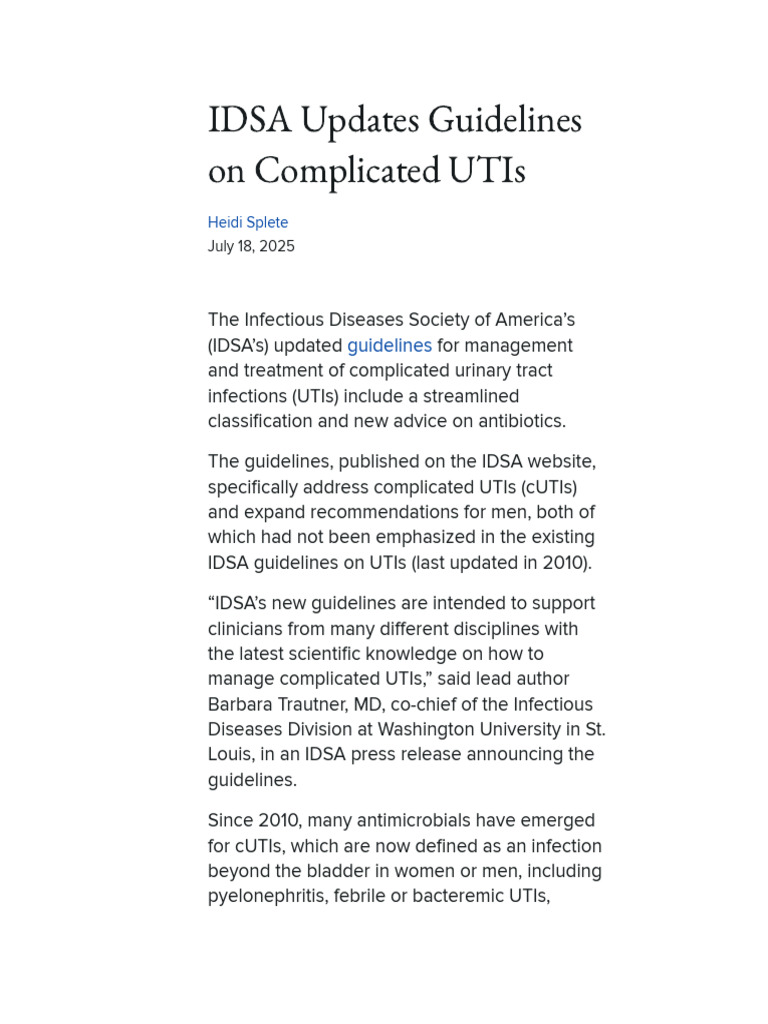 IDSA 2025 Guidelines for Complicated UTIs | PDF | Urinary Tract ...