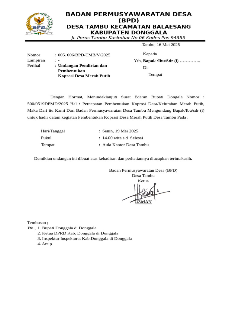 Undangan Pembentukan Koperasi Desa Tambu | PDF