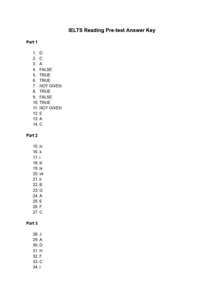 IELTS Reading Pre-test Answer Key | PDF