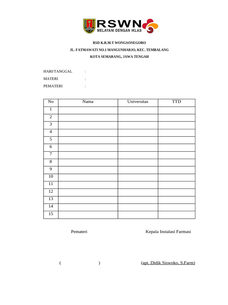 RSD K.R.M.T Wongsonegoro: Pemateri Farmasi | PDF