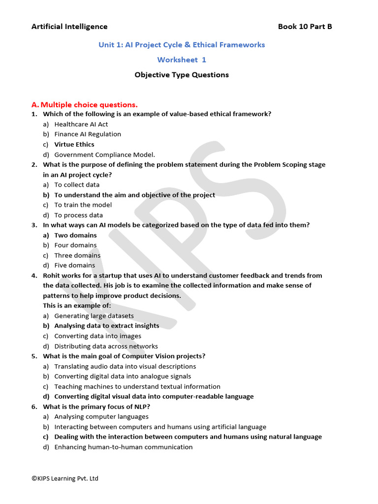 AI Book 10 - Worksheets - Unit 1 - Answer Key | PDF | Artificial Intelligence | Intelligence (AI ...