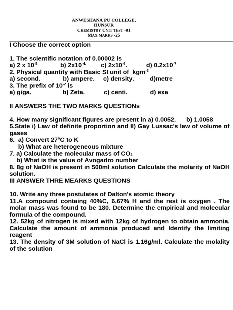 Anweshana Pu College, Hunsur C U - 01 M - 25: Hemistry NIT Test AX ...