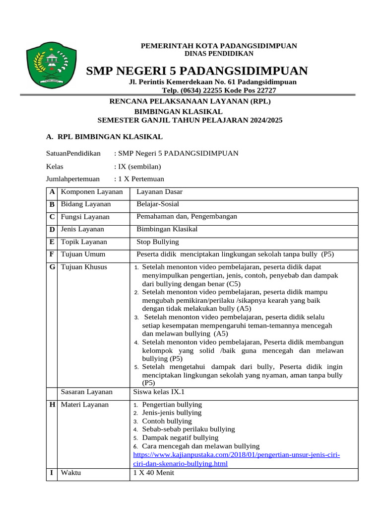 RPL Bimbingan Klasikal Dengan Tema Bullying | PDF