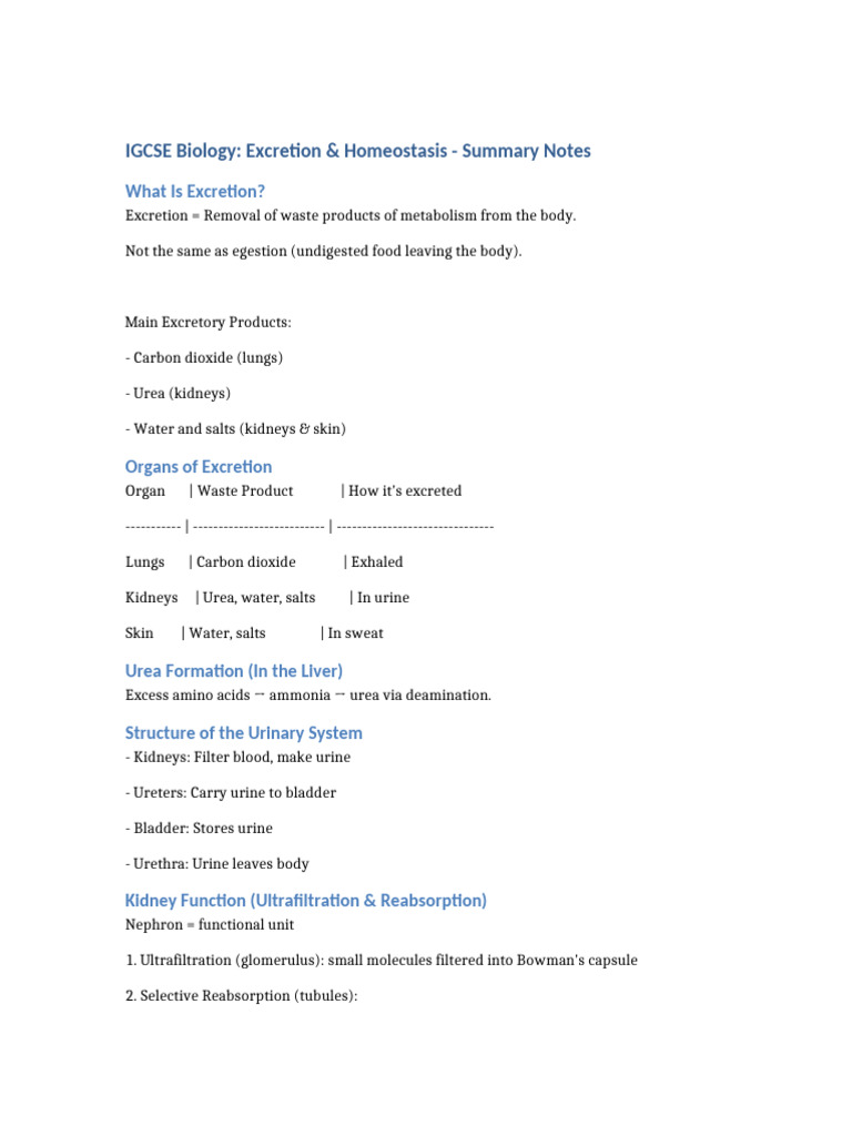 Excretion and Homeostasis IGCSE Summary | PDF