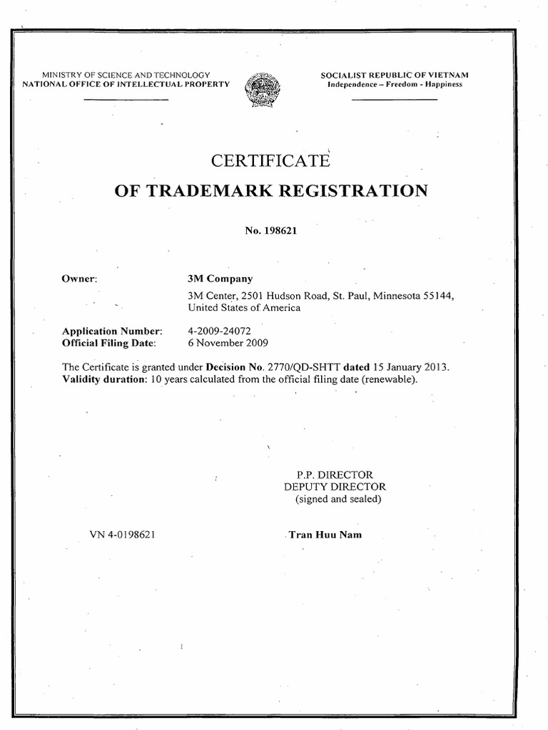 3m in VN - Certificate of Registration - 3m Ref. 40389 | PDF