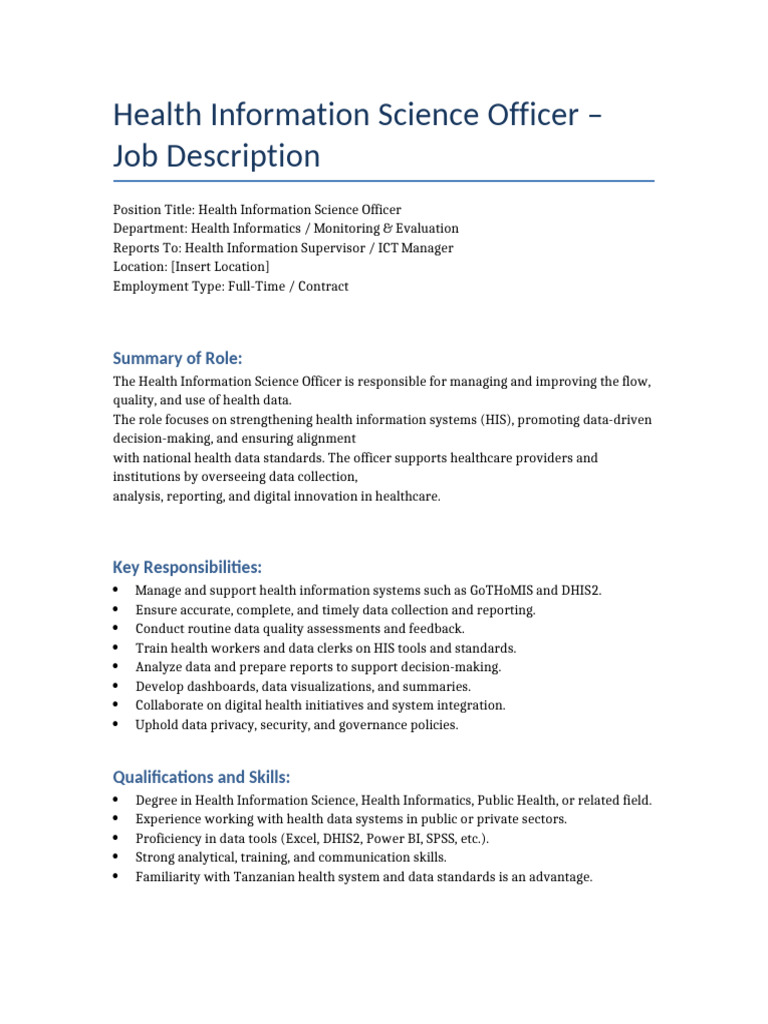 Health Information Science Officer Role | PDF