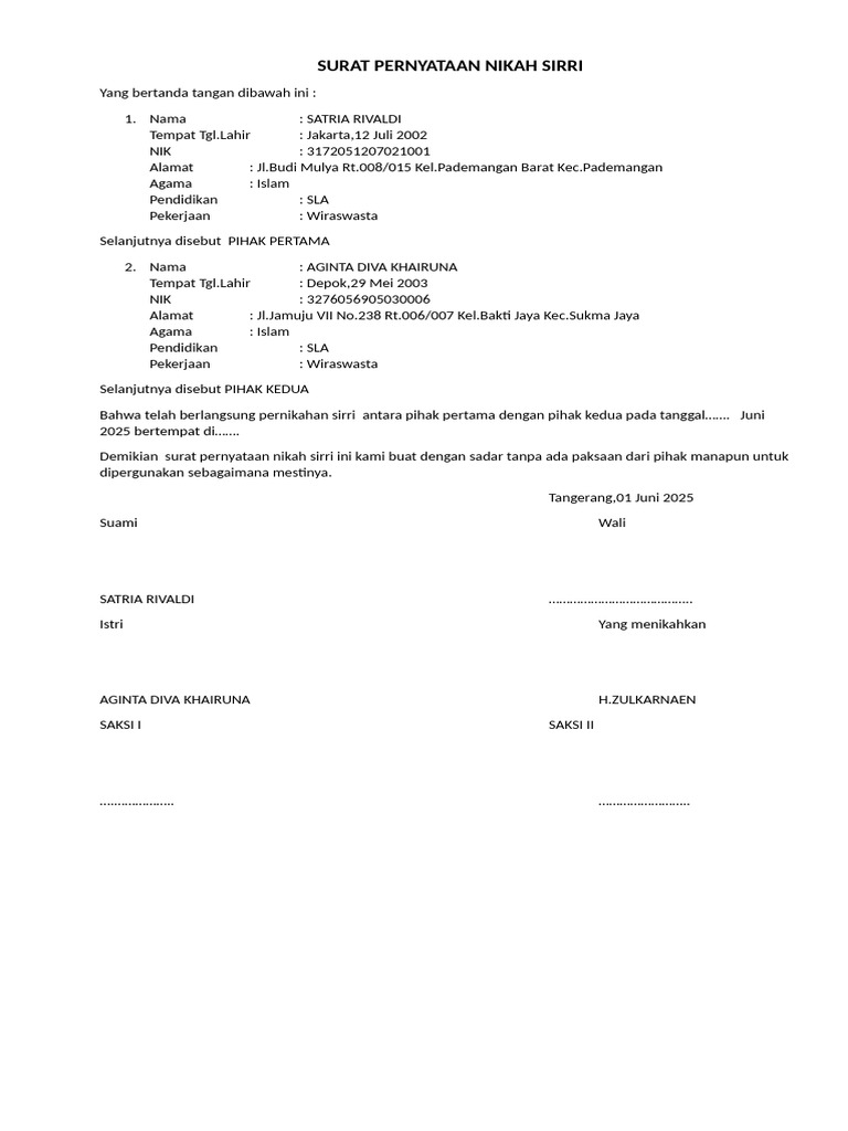 Surat Pernyataan Nikah Sirri 2025 | PDF
