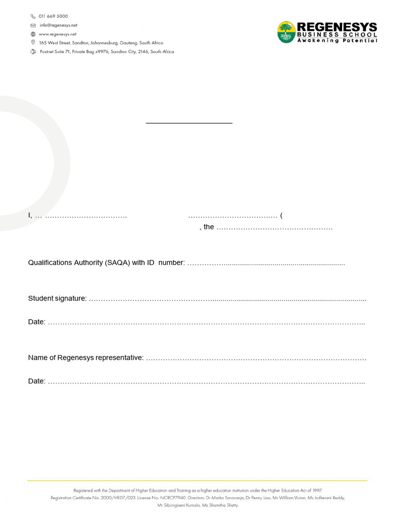 Regenesys Student Declaration Form RBS 2024 | PDF