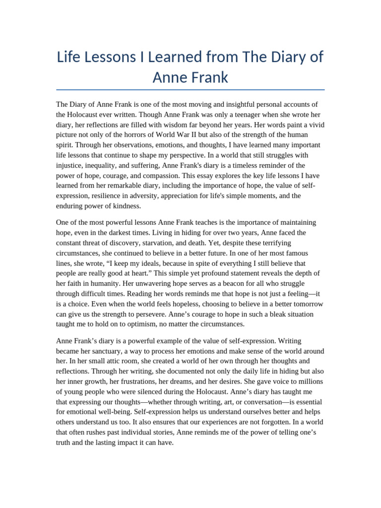 Life Lessons Anne Frank Essay | PDF | Anne Frank | Psychological Resilience