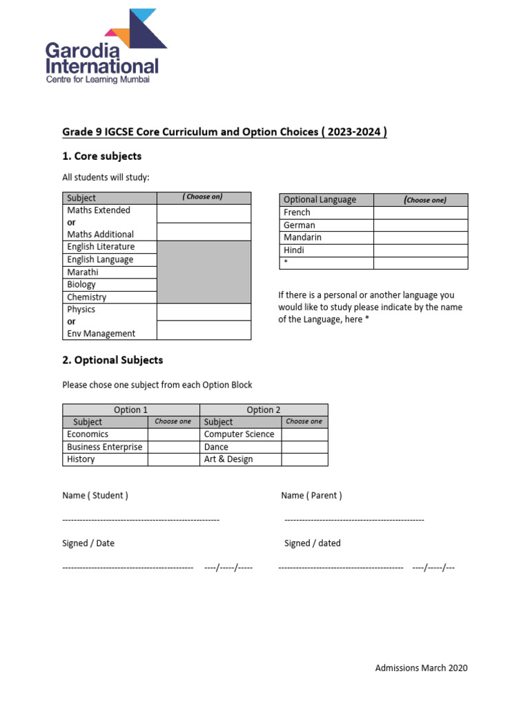 Grade 9 IGCSE Subject Option Form 2023 - 2024 | PDF