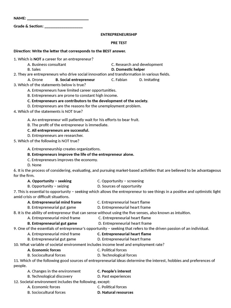Entrepreneurship Pre-Test Questions | PDF | Entrepreneurship ...