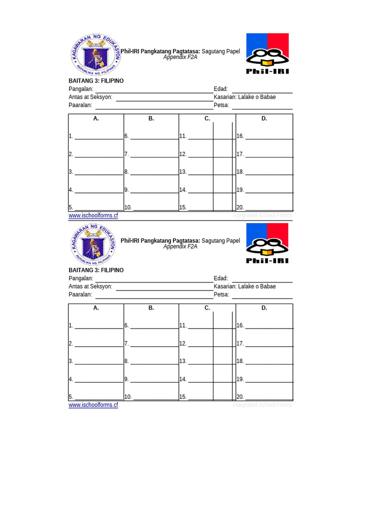 Phil-IRI Answer Sheet Grade 3 (English - and - Filipino) | PDF | Chess Theory | Chess Openings