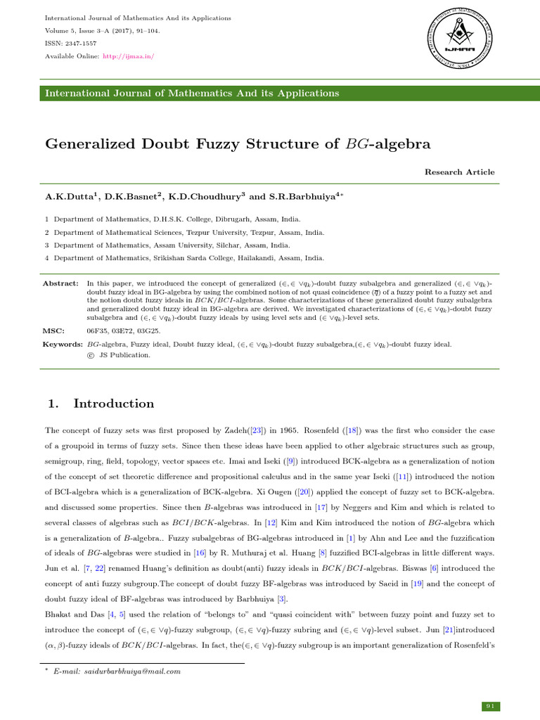 Generalized Doubt Fuzzy Structure of BG-algebra | PDF | Mathematics ...