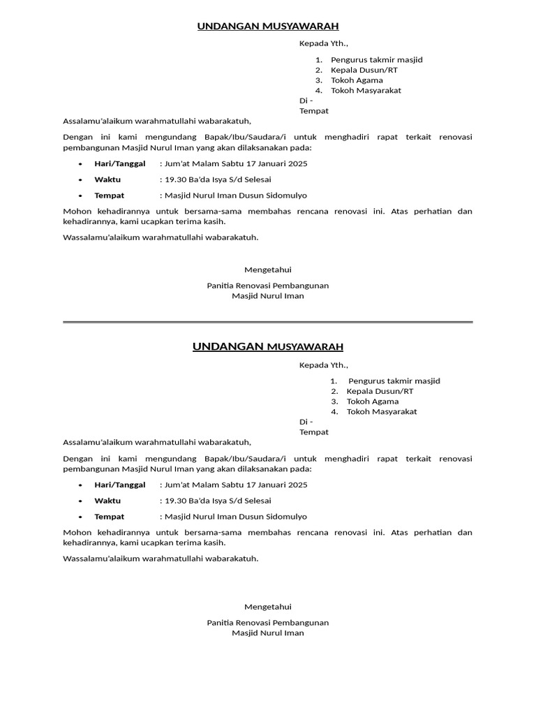 Undangan Musyawarah Renovasi Masjid | PDF
