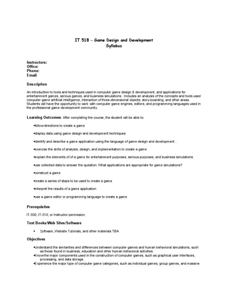 IT518 - Game Design and Development Syllabus With Learning Outcomes ...