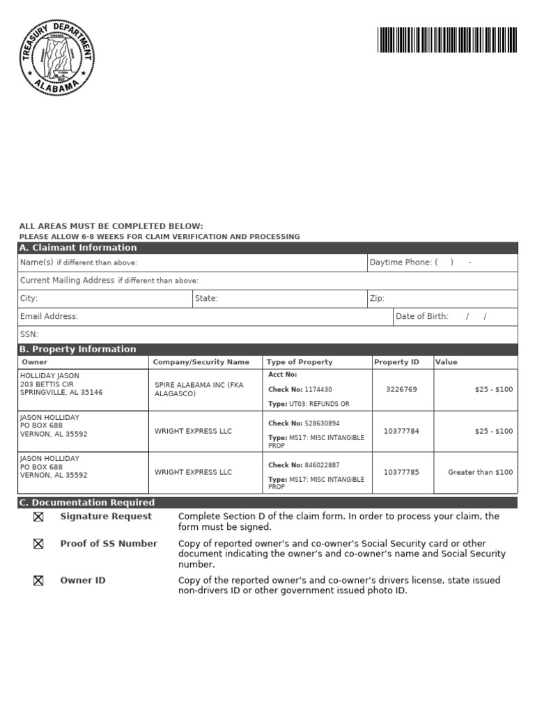 Alabama Unclaimed Property Claim Form | PDF | Affidavit